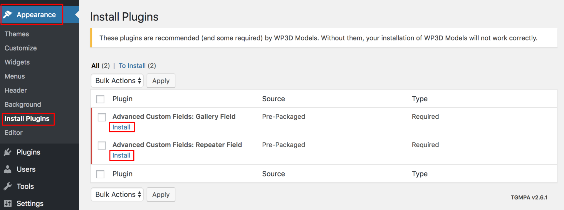 Updating Advanced Custom Fields (ACF) and Add-Ons - WP3D Models - WordPress Plugin